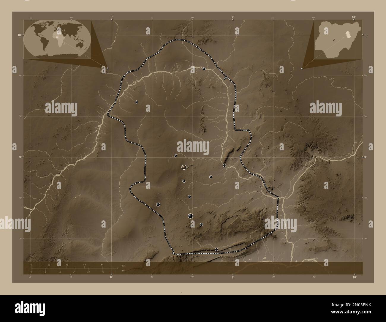 Gombe, state of Nigeria. Elevation map colored in sepia tones with ...