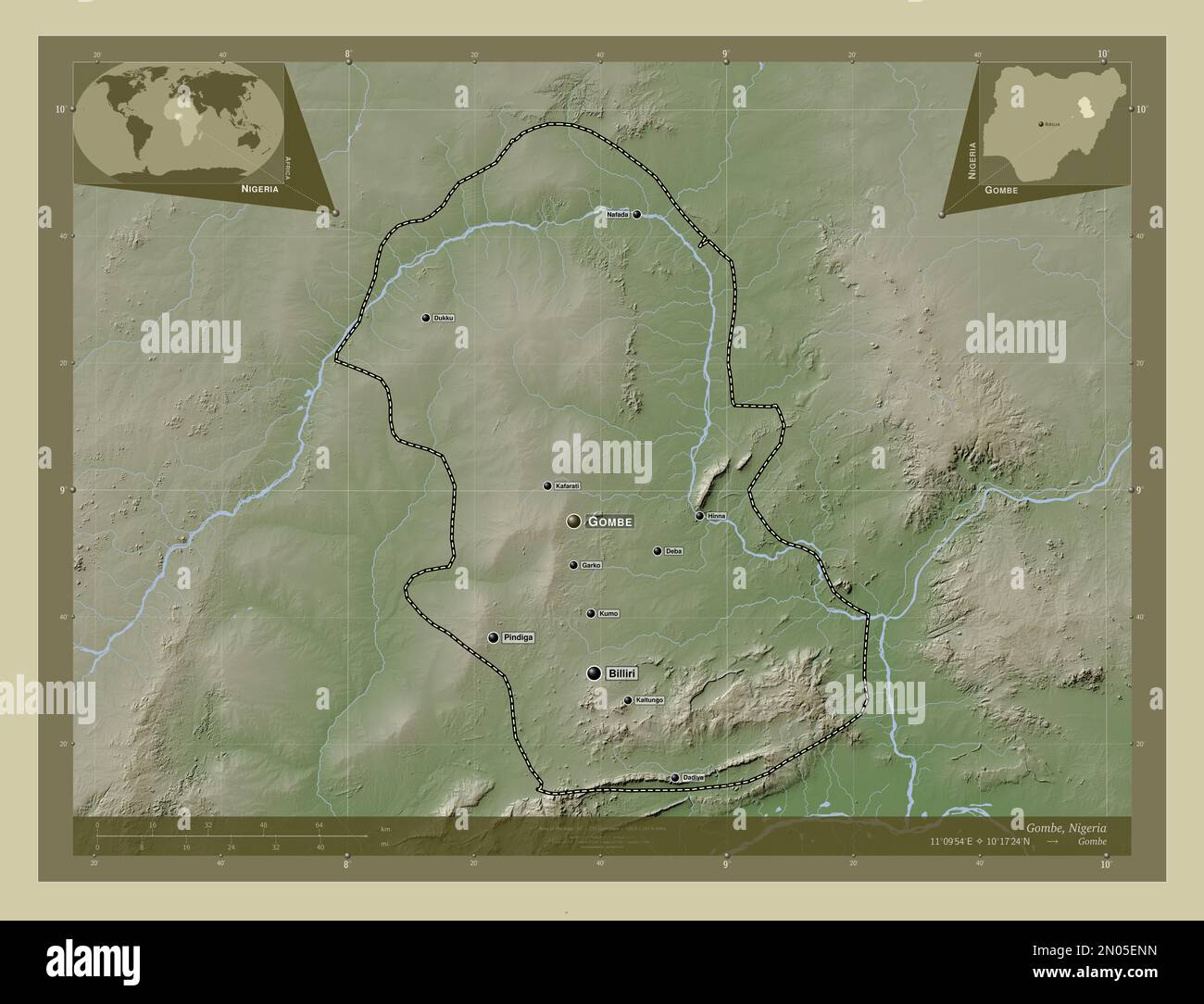Gombe, state of Nigeria. Elevation map colored in wiki style with lakes ...
