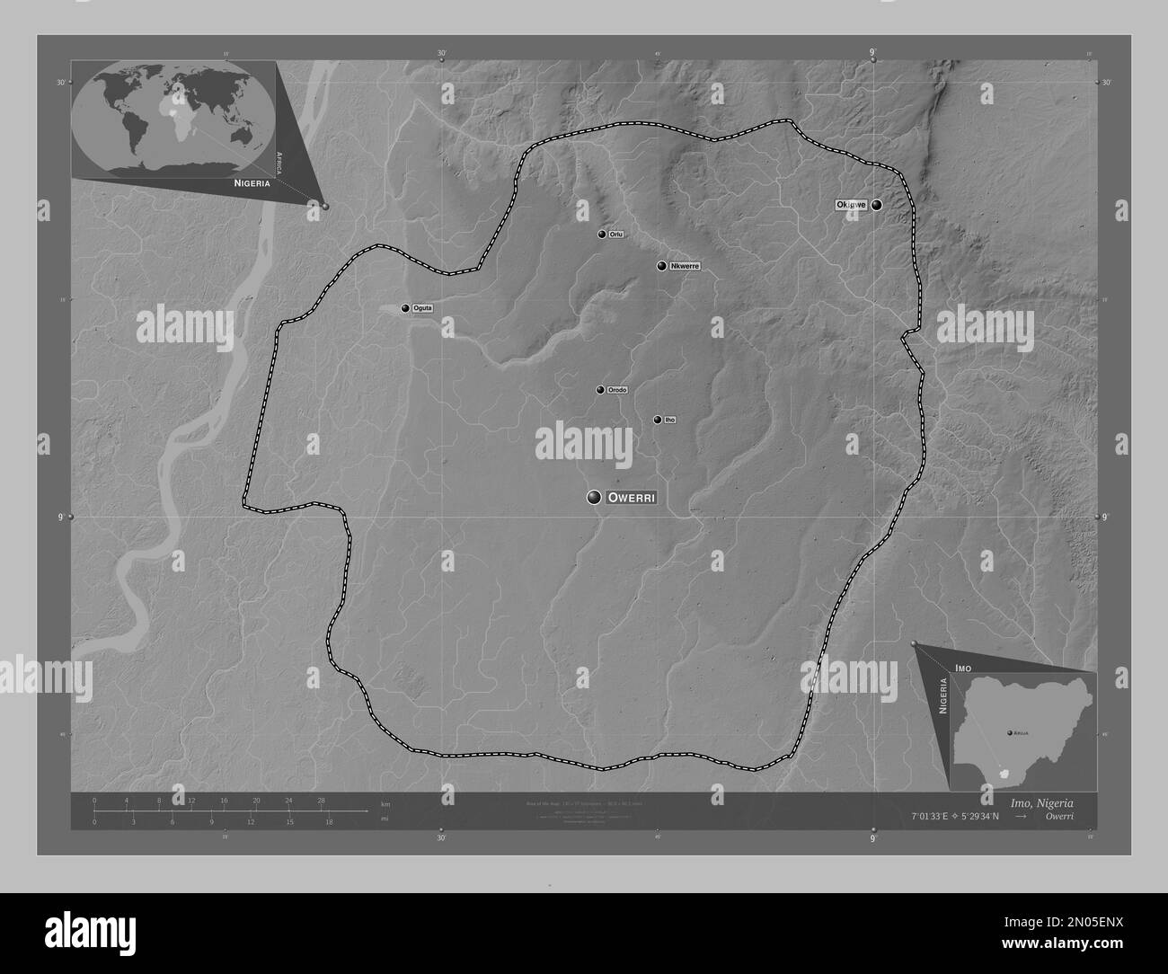 Imo, state of Nigeria. Grayscale elevation map with lakes and rivers ...