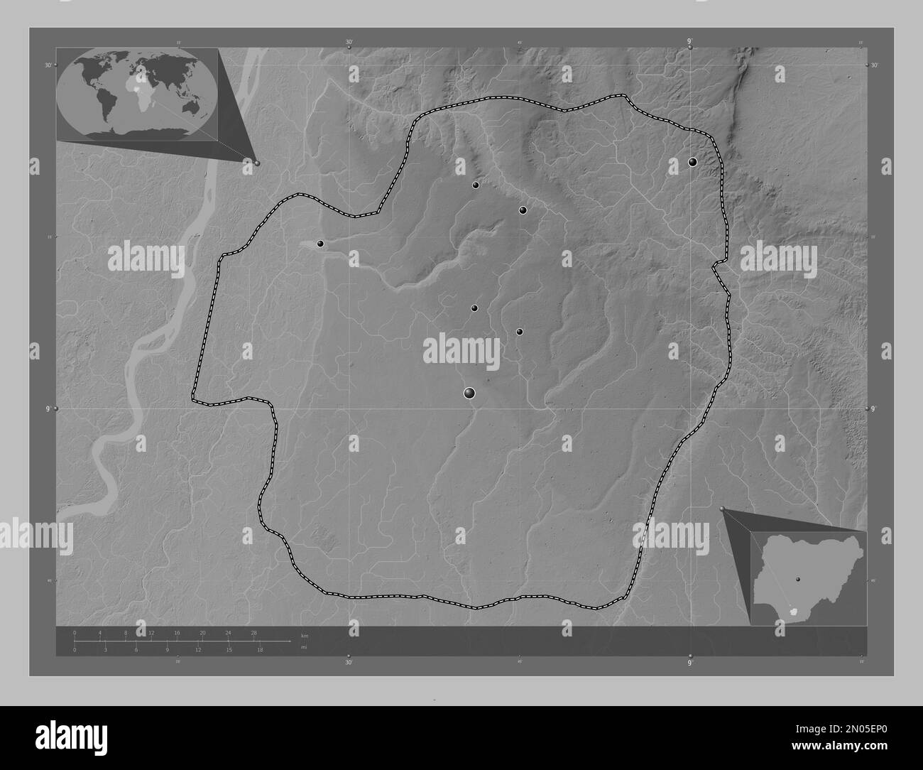 Imo, state of Nigeria. Grayscale elevation map with lakes and rivers ...