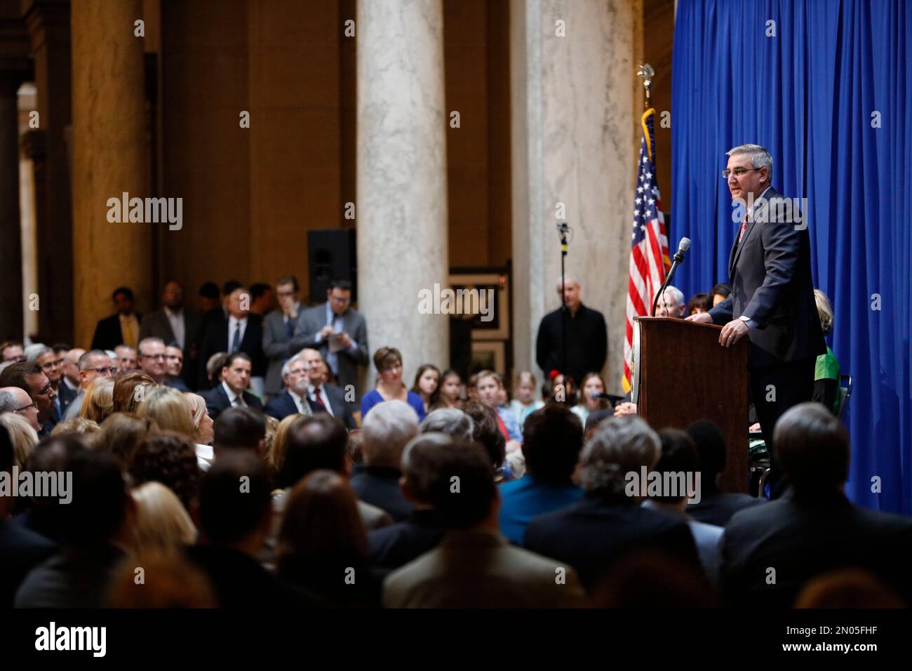 Indiana Lt. Governer Eric Holcomb addresses the crowd after being sworn ...