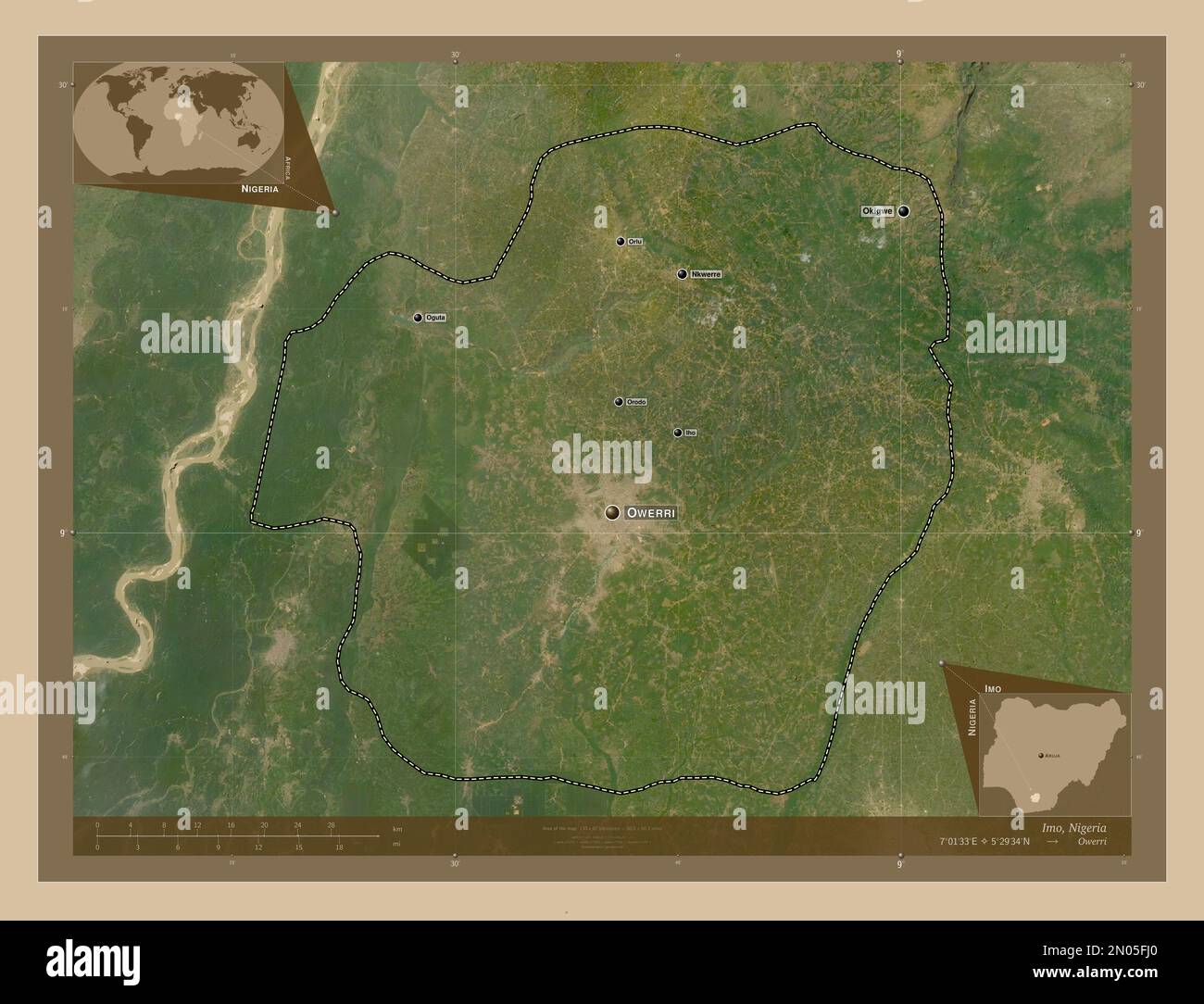 Imo, state of Nigeria. Low resolution satellite map. Locations and ...