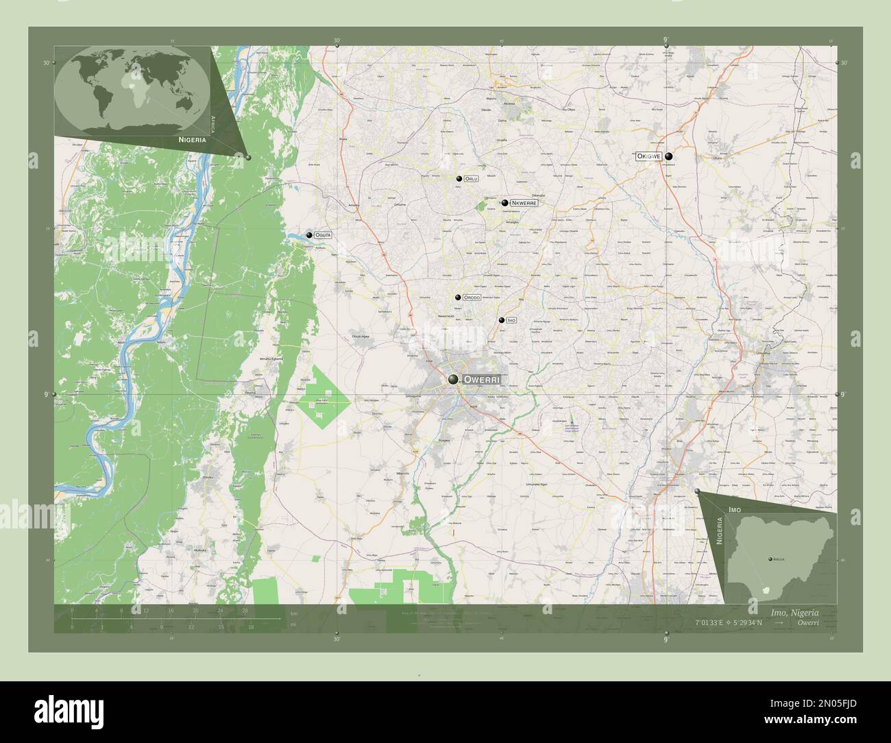 Imo, state of Nigeria. Open Street Map. Locations and names of major ...