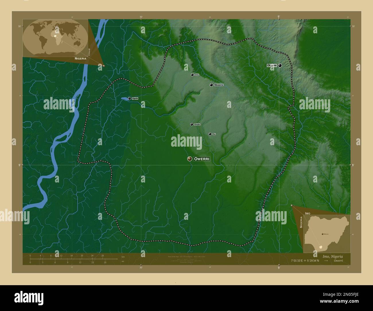 Imo, state of Nigeria. Colored elevation map with lakes and rivers ...