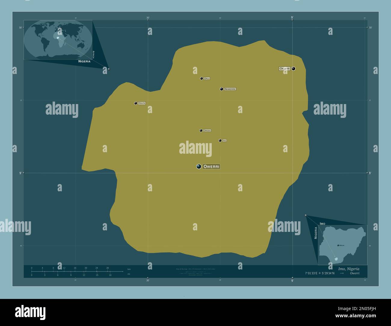 Imo, state of Nigeria. Solid color shape. Locations and names of major ...