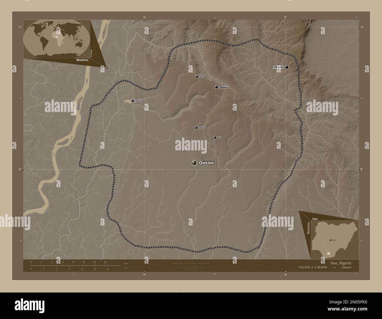 Imo, state of Nigeria. Elevation map colored in sepia tones with lakes ...