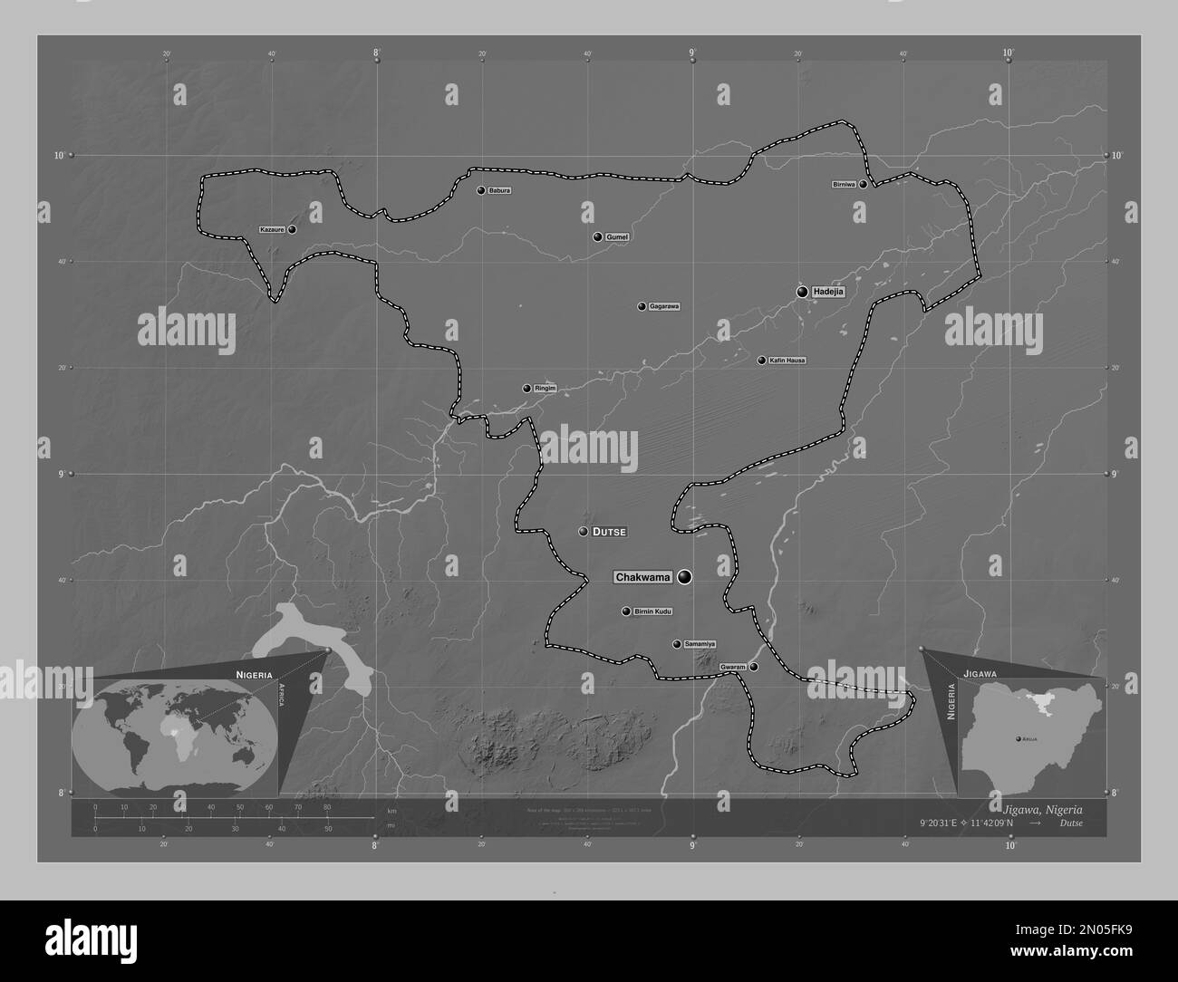 Jigawa, state of Nigeria. Grayscale elevation map with lakes and rivers ...