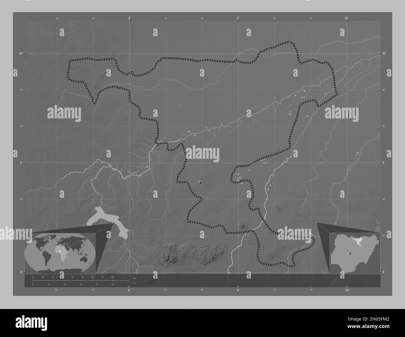 Jigawa, state of Nigeria. Grayscale elevation map with lakes and rivers ...
