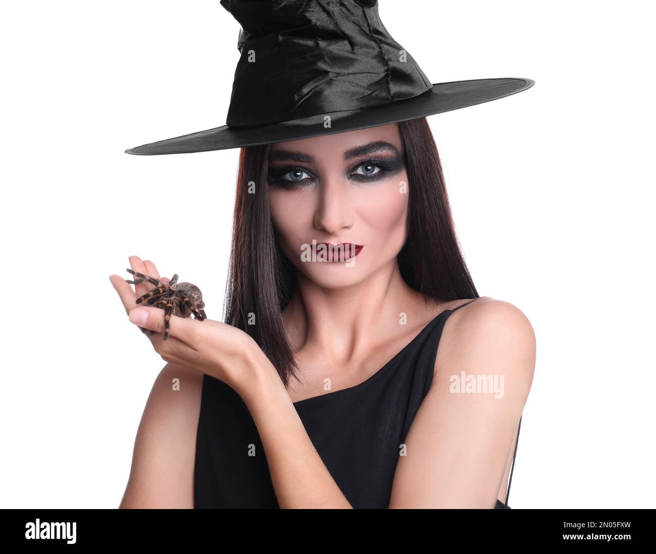Mysterious witch in hat with spider on white background Stock Photo - Alamy