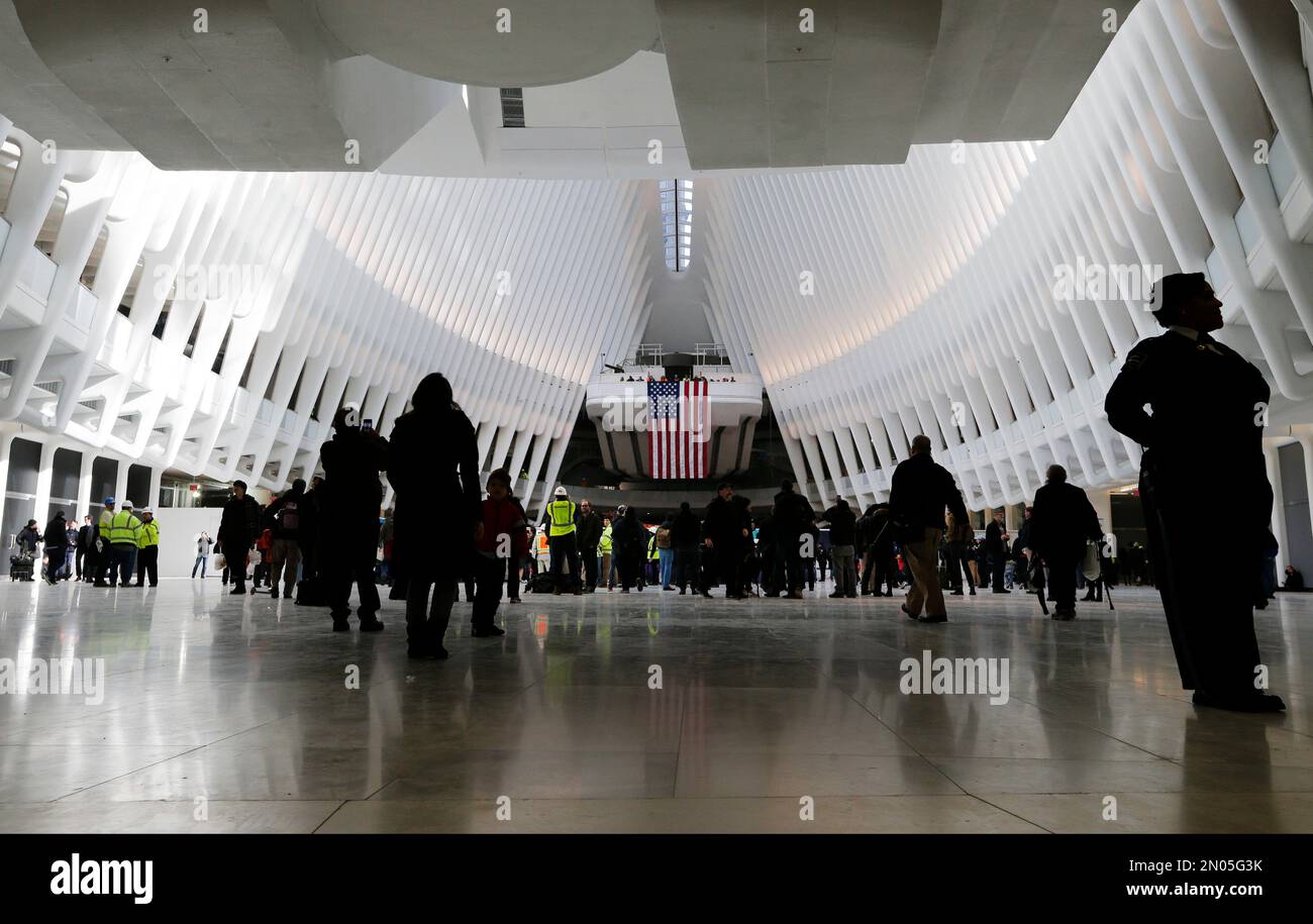 A security guard stand near the entrance to the Oculus Thursday, March ...
