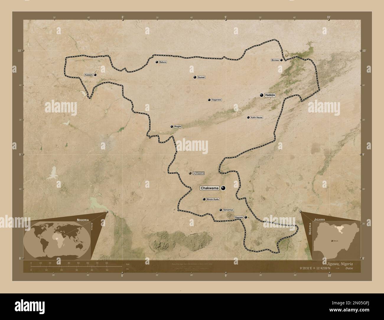 Jigawa, state of Nigeria. Low resolution satellite map. Locations and ...