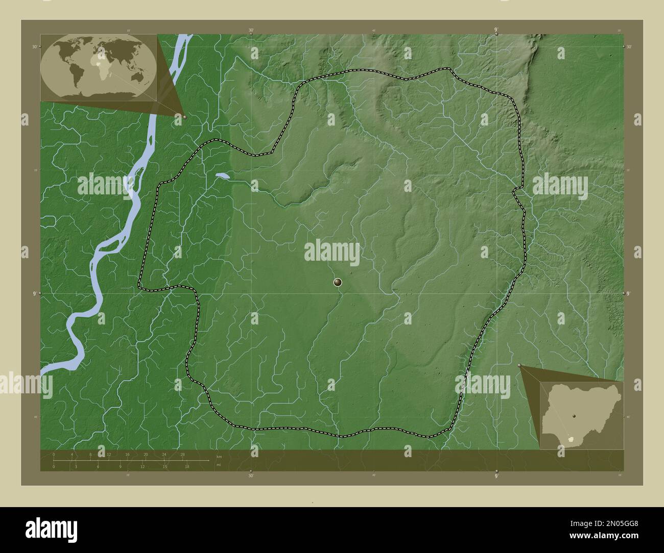 Imo, state of Nigeria. Elevation map colored in wiki style with lakes ...
