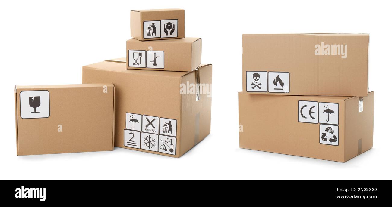 Set of cardboard boxes with packaging symbols on white background ...