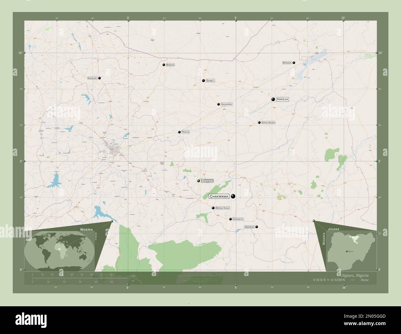 Jigawa, state of Nigeria. Open Street Map. Locations and names of major ...