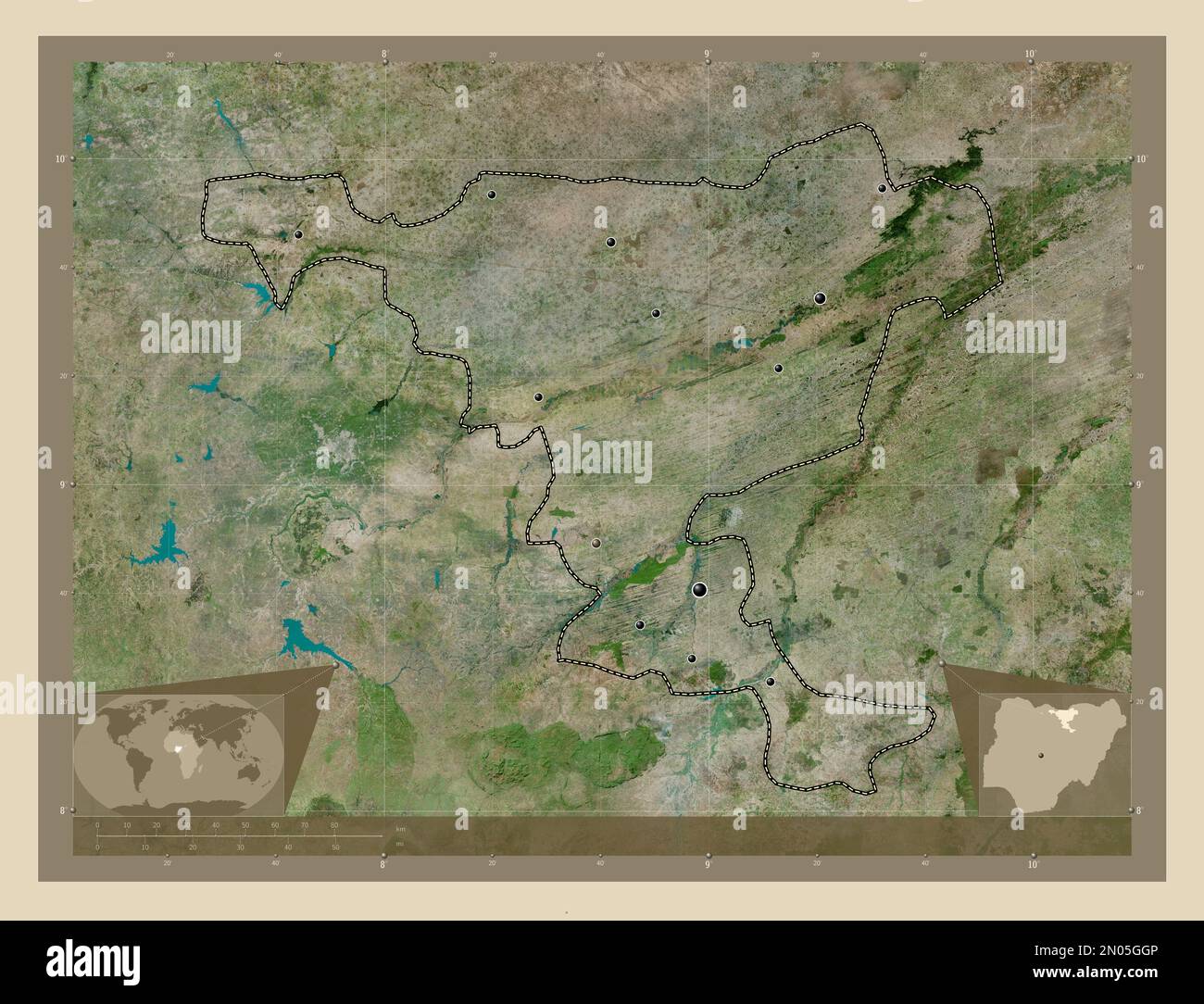 Jigawa, state of Nigeria. High resolution satellite map. Locations of ...