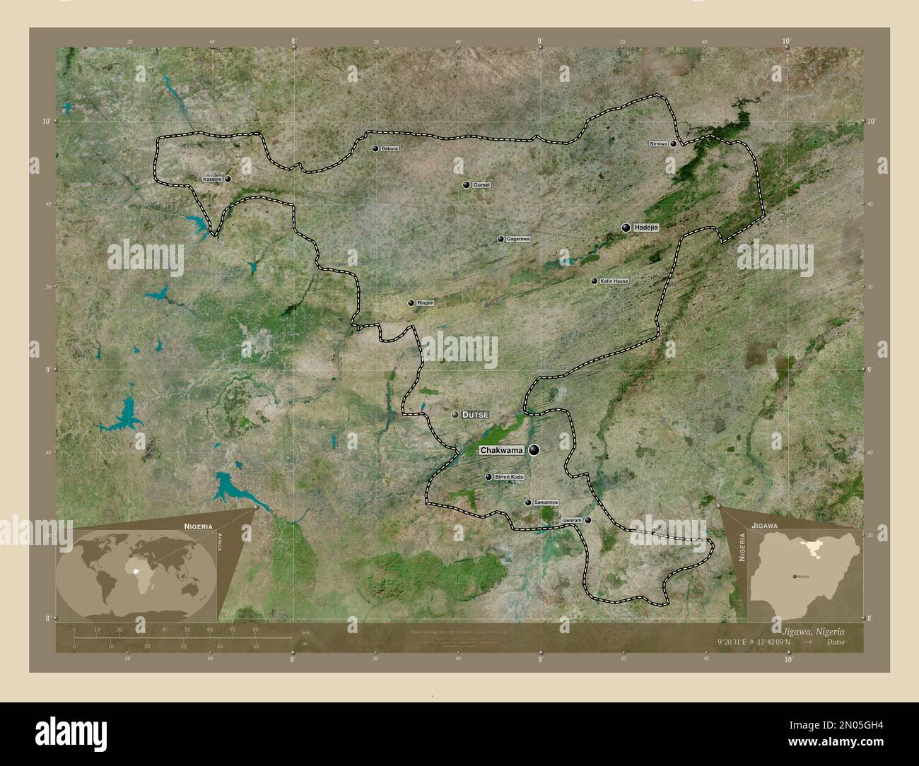 Jigawa, state of Nigeria. High resolution satellite map. Locations and ...