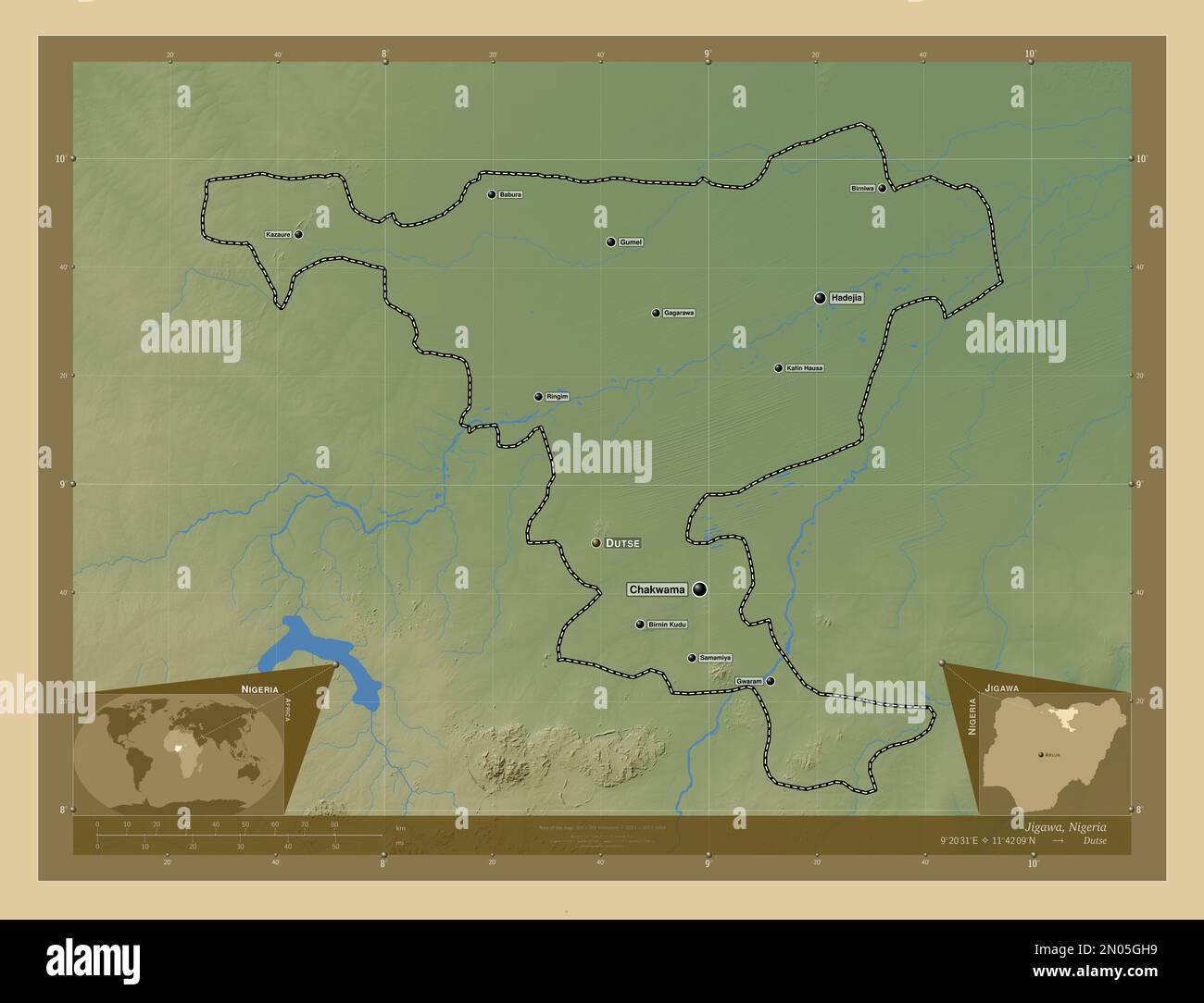 Jigawa, state of Nigeria. Colored elevation map with lakes and rivers ...