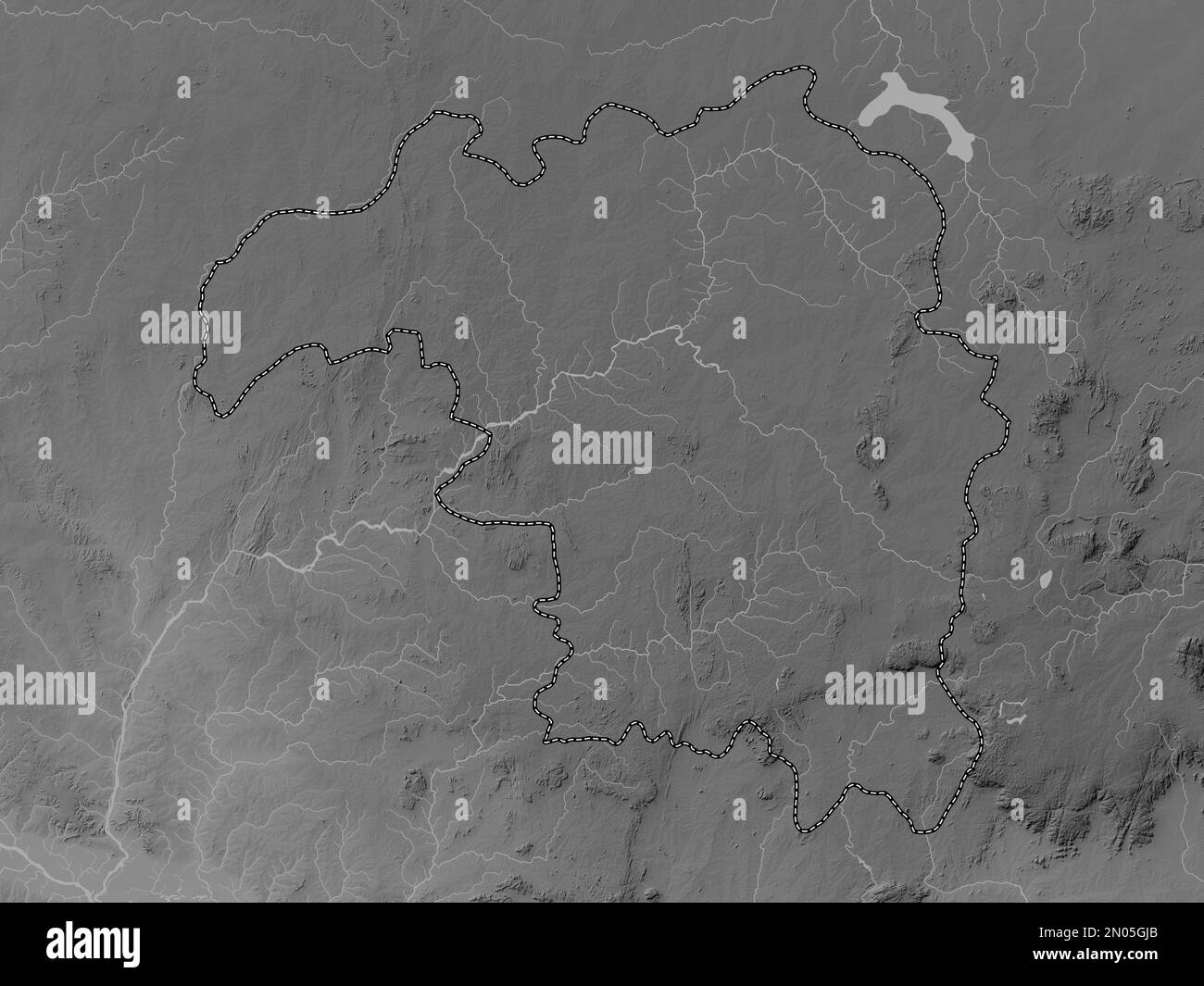 Kaduna, state of Nigeria. Grayscale elevation map with lakes and rivers ...
