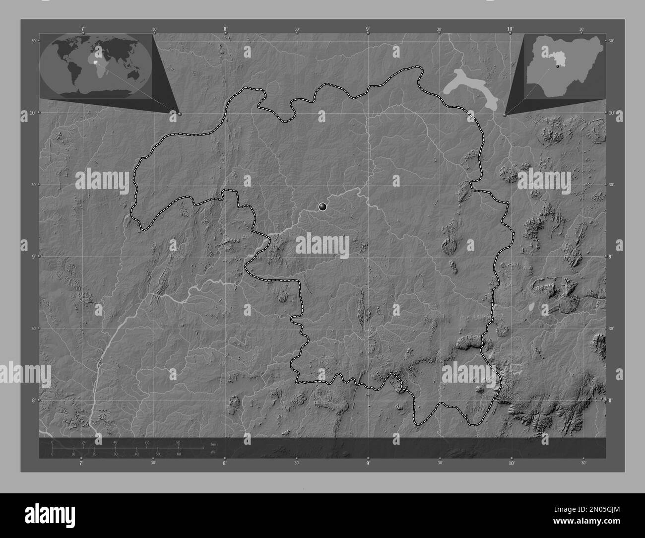 Kaduna, state of Nigeria. Bilevel elevation map with lakes and rivers ...