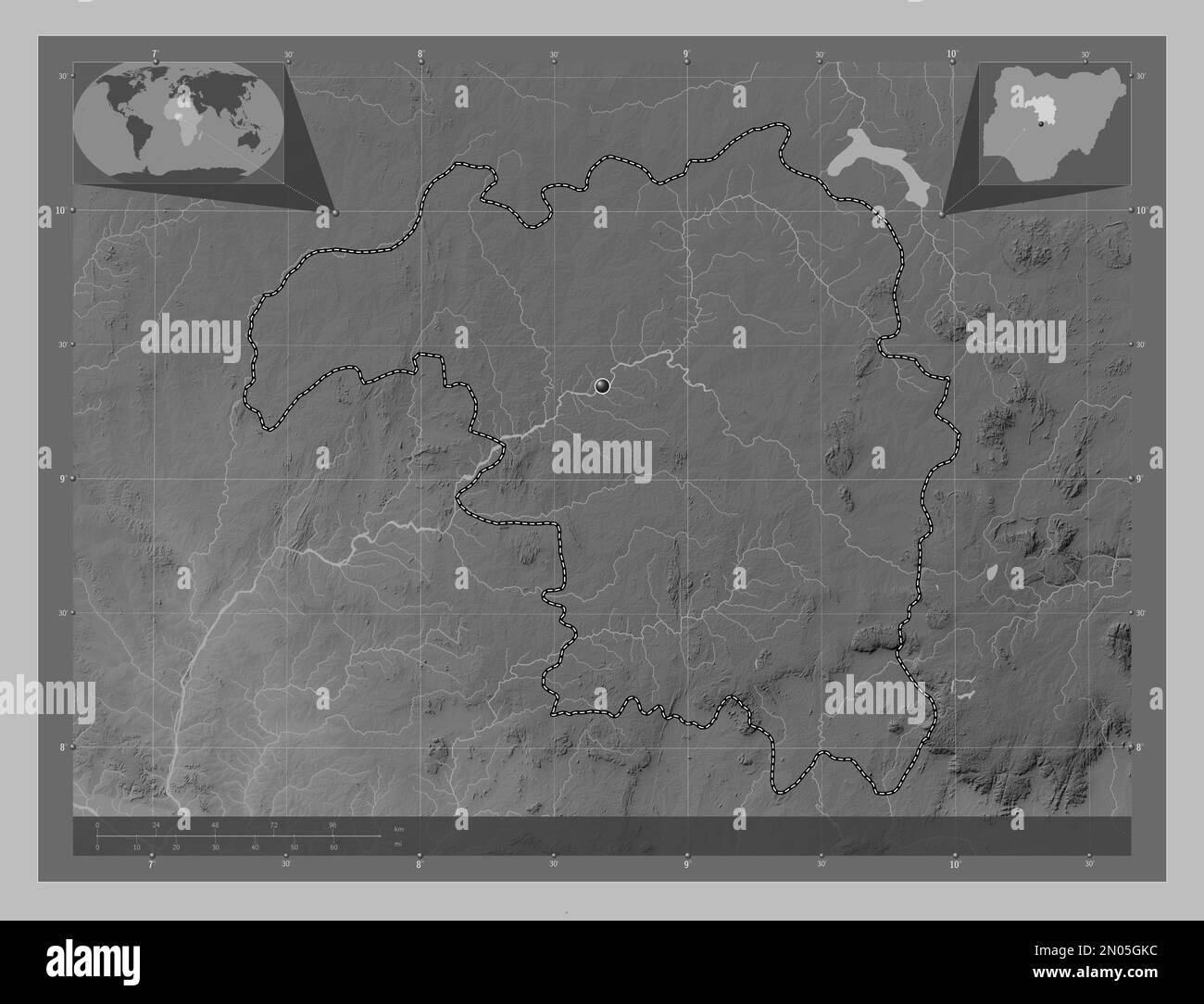 Kaduna, state of Nigeria. Grayscale elevation map with lakes and rivers ...