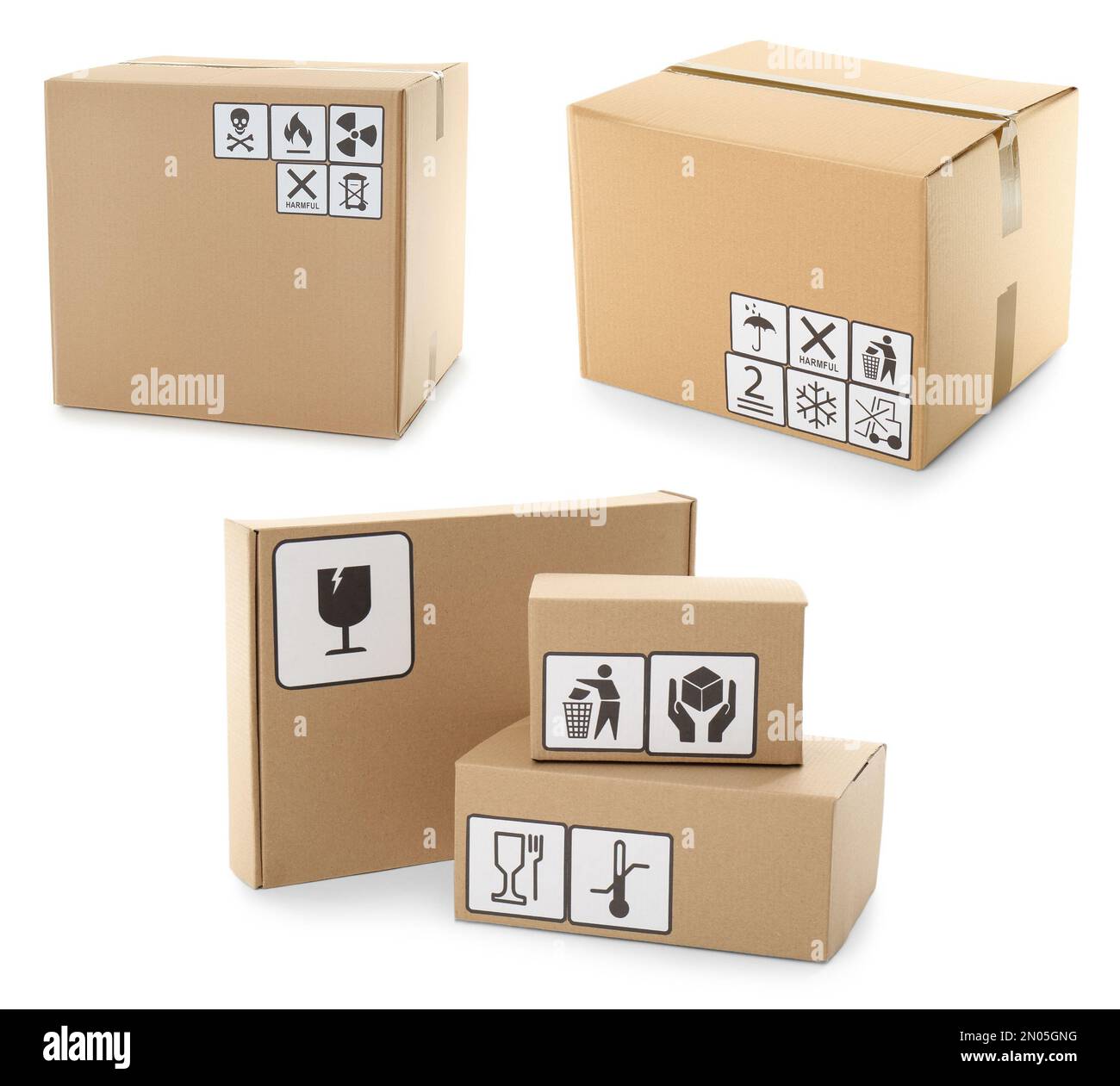 Set of cardboard boxes with packaging symbols on white background Stock ...