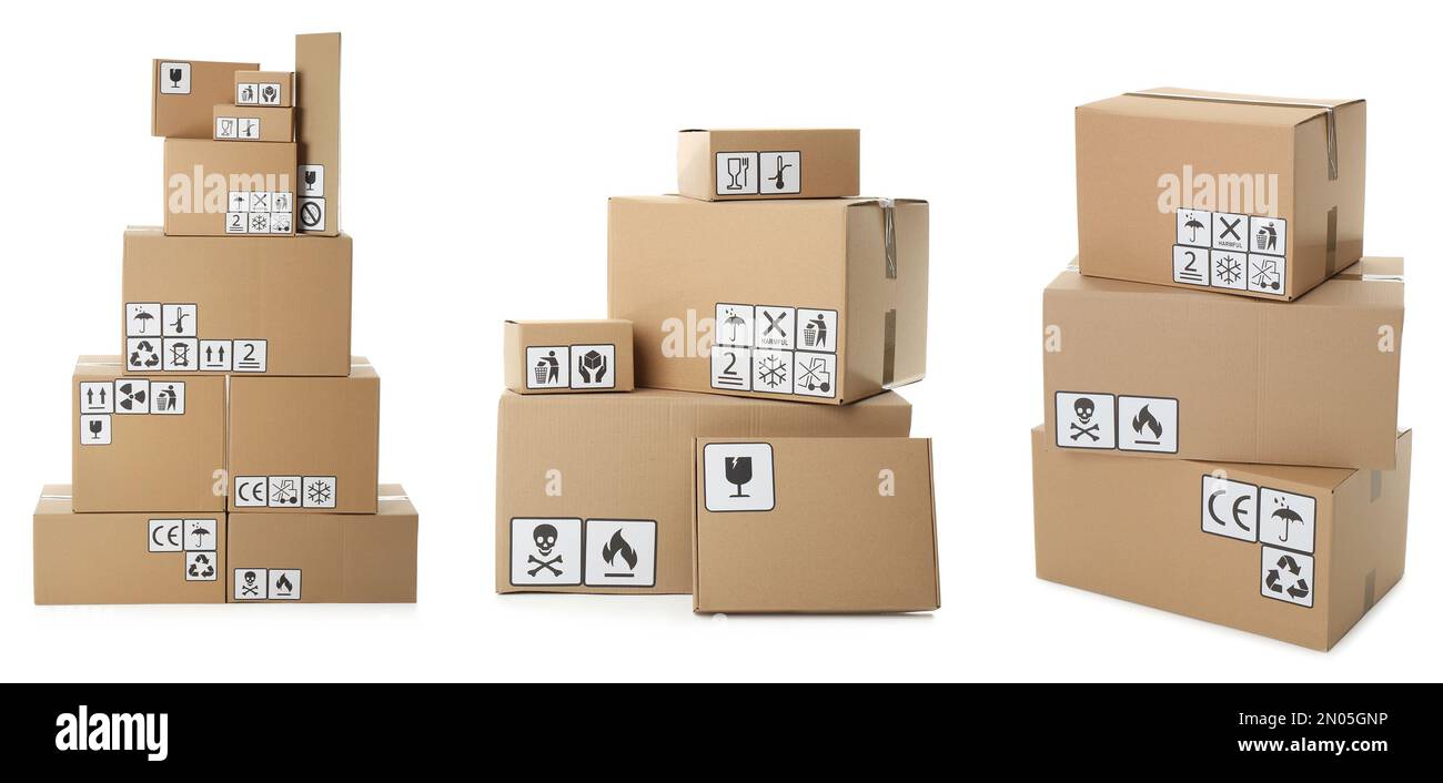 Set of cardboard boxes with packaging symbols on white background ...