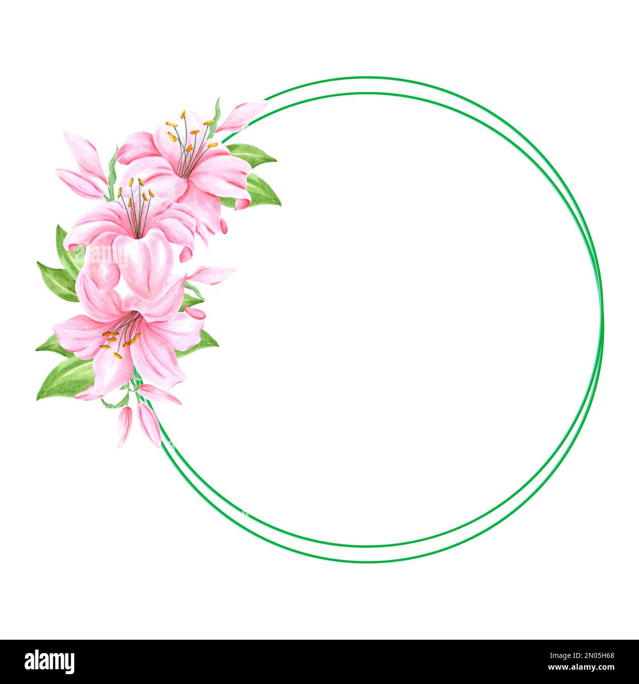 Handdrawn lily flowers frame boarder. Watercolor pink lily on the white ...