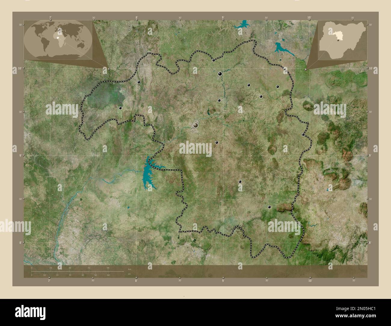 Kaduna, state of Nigeria. High resolution satellite map. Locations of ...