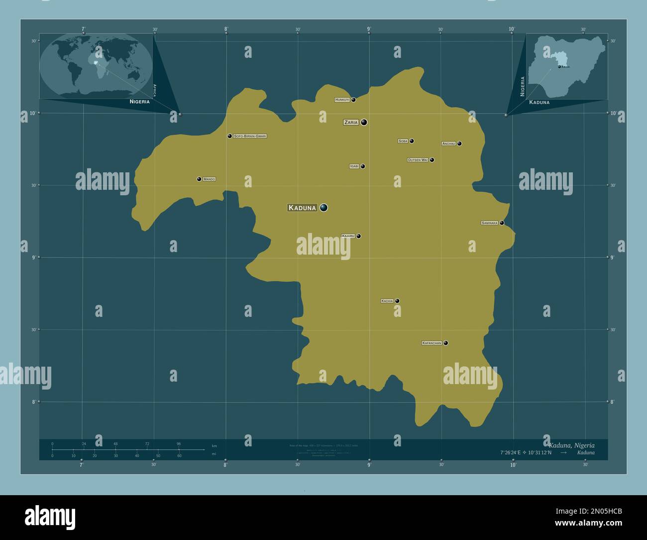 Kaduna, state of Nigeria. Solid color shape. Locations and names of ...