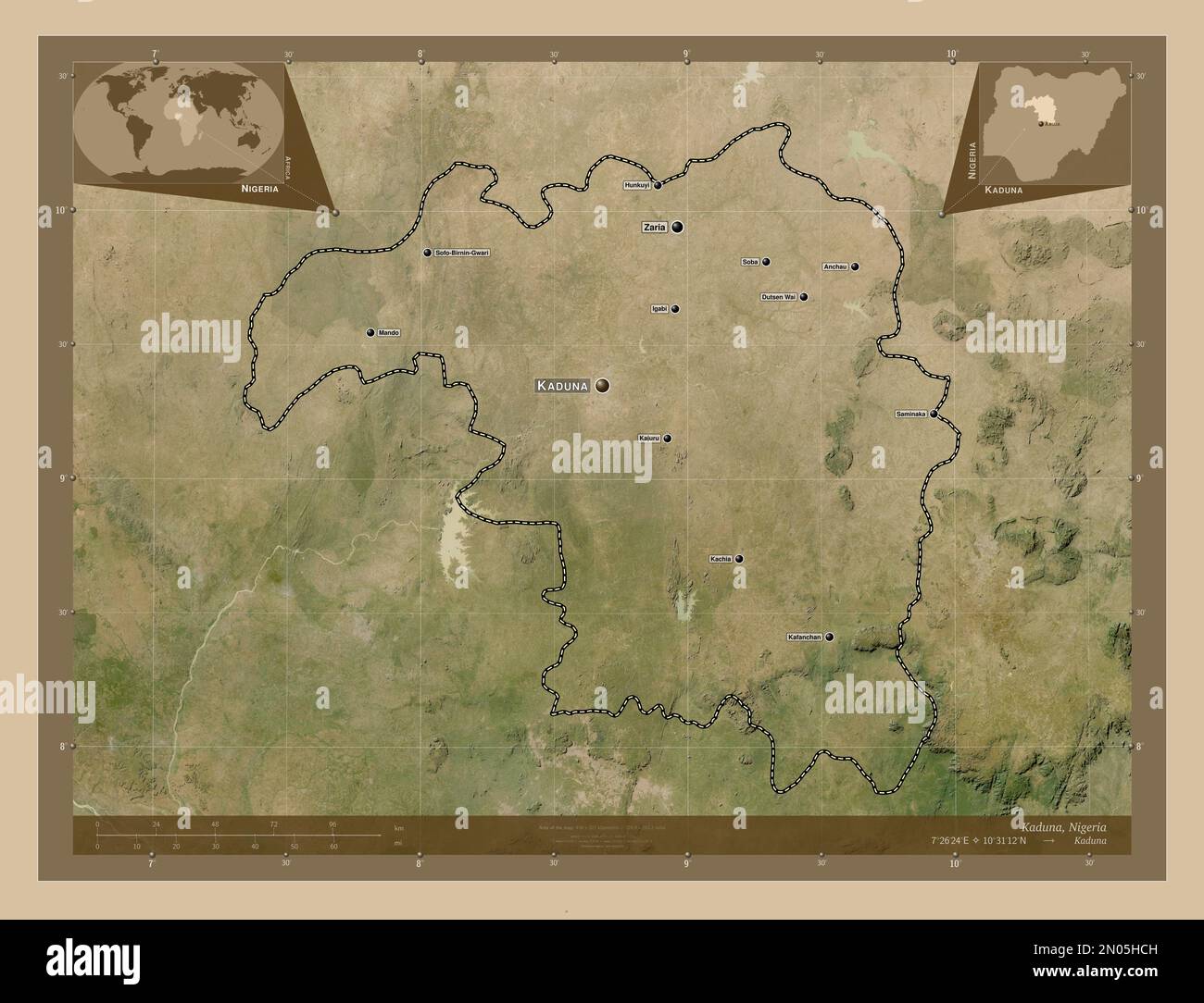 Kaduna, state of Nigeria. Low resolution satellite map. Locations and ...