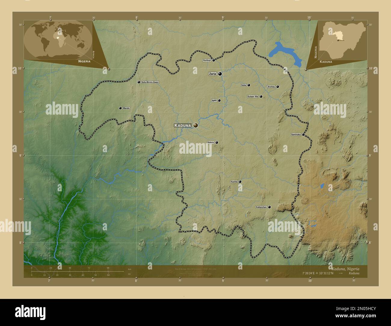 Kaduna, state of Nigeria. Colored elevation map with lakes and rivers ...