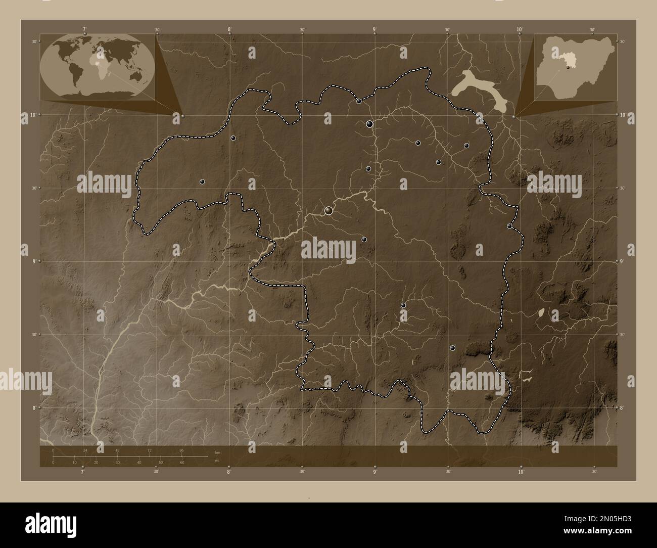 Kaduna, state of Nigeria. Elevation map colored in sepia tones with ...