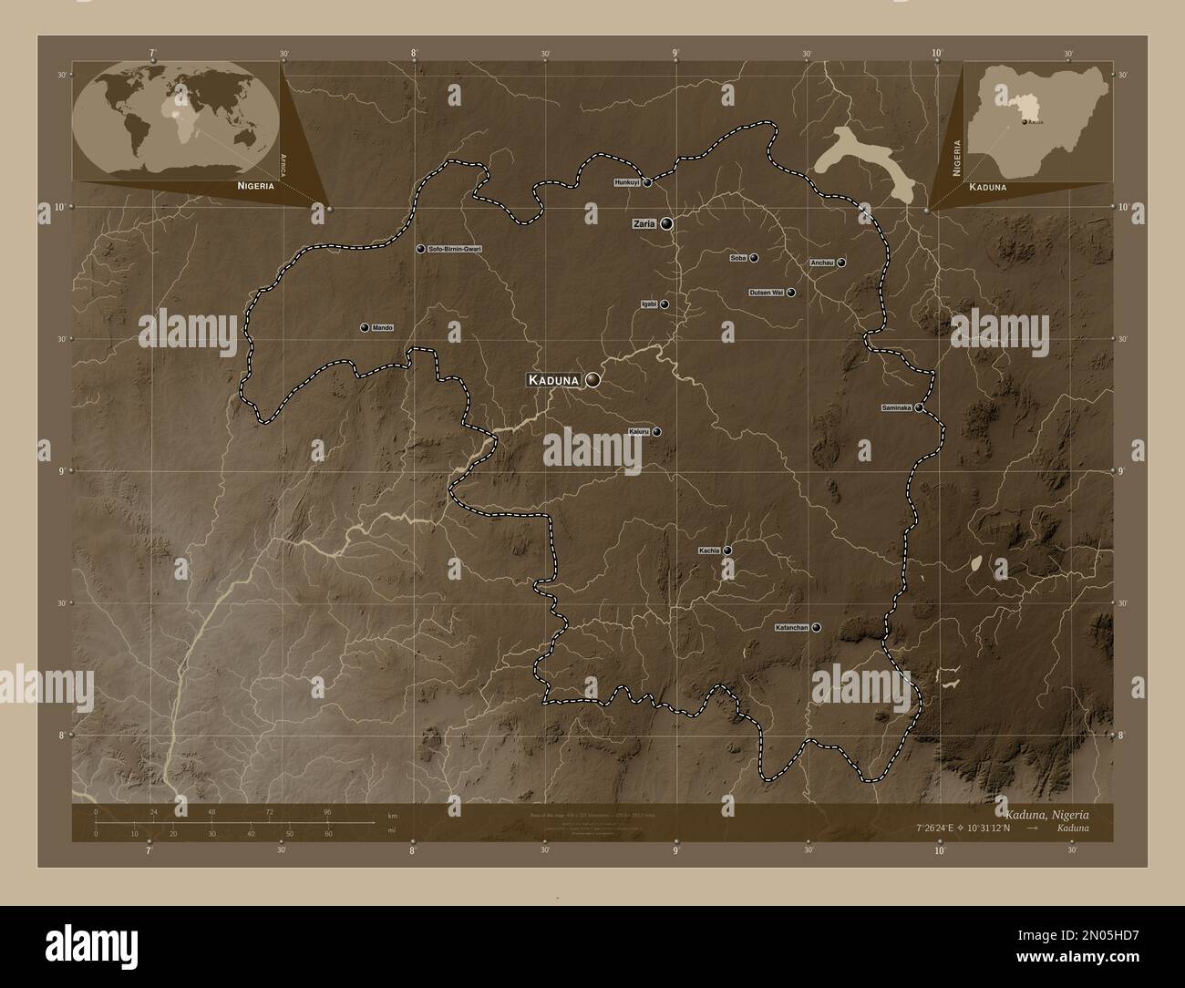 Kaduna, state of Nigeria. Elevation map colored in sepia tones with ...
