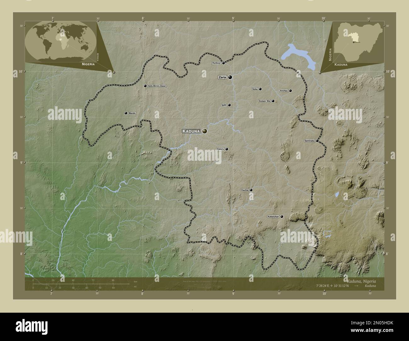 Kaduna, state of Nigeria. Elevation map colored in wiki style with ...