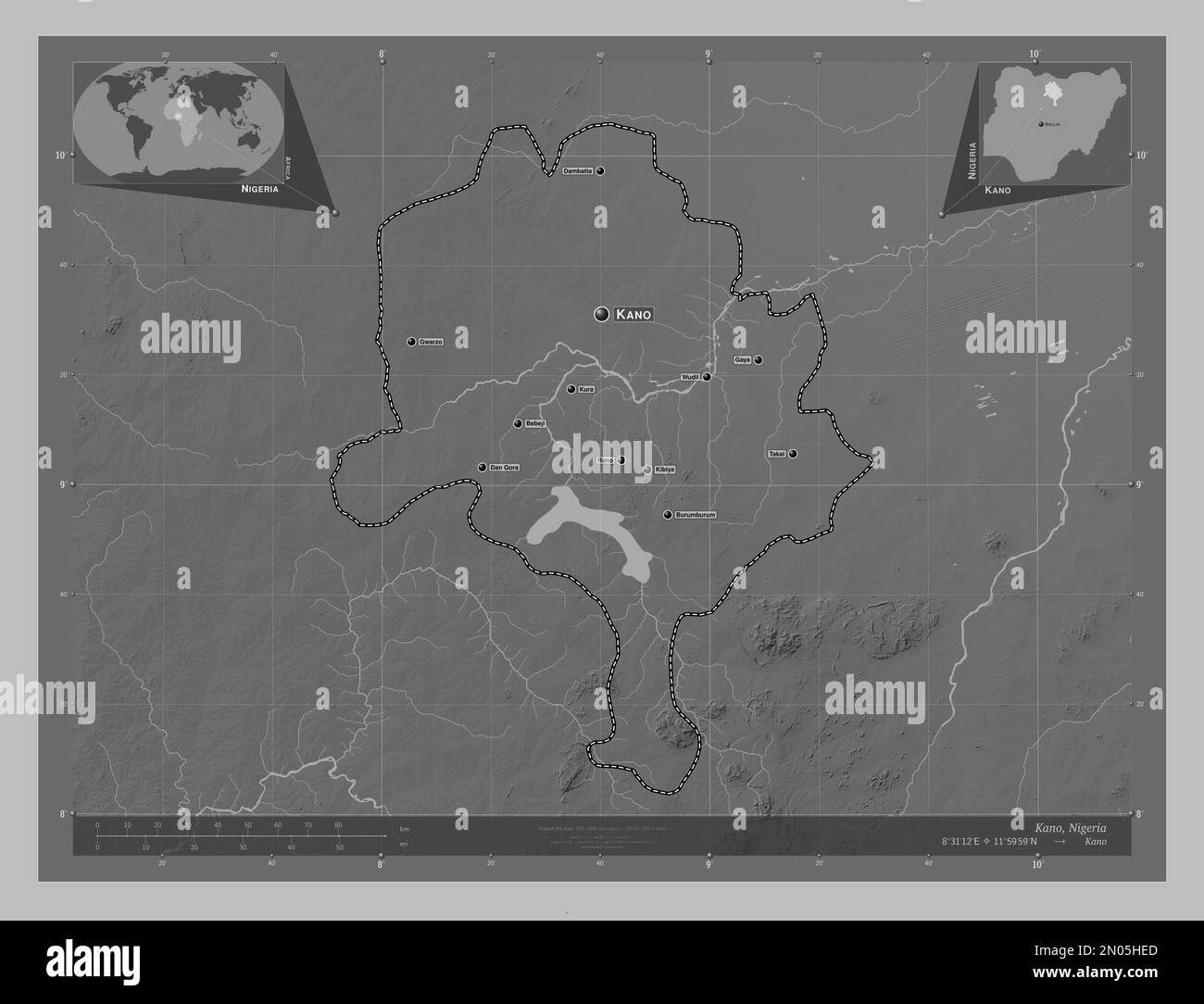 Kano, state of Nigeria. Grayscale elevation map with lakes and rivers ...