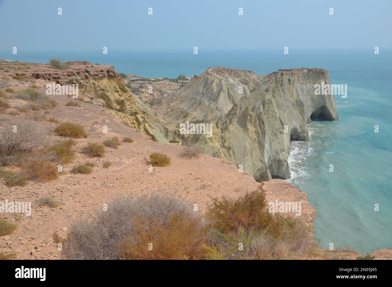 nice view to the Persian Gulf from a hill with some dry plants to the ...