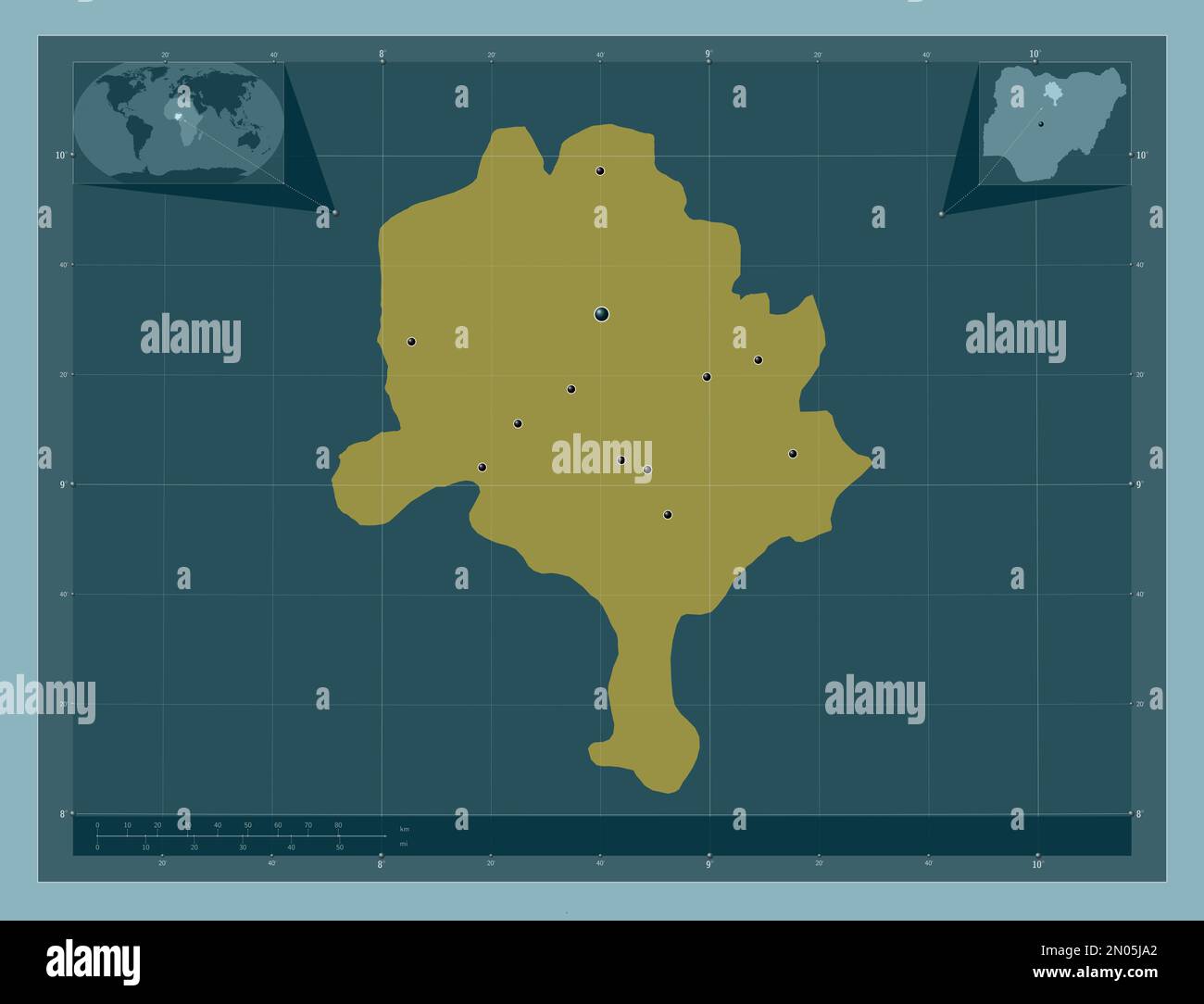 Kano, state of Nigeria. Solid color shape. Locations of major cities of ...