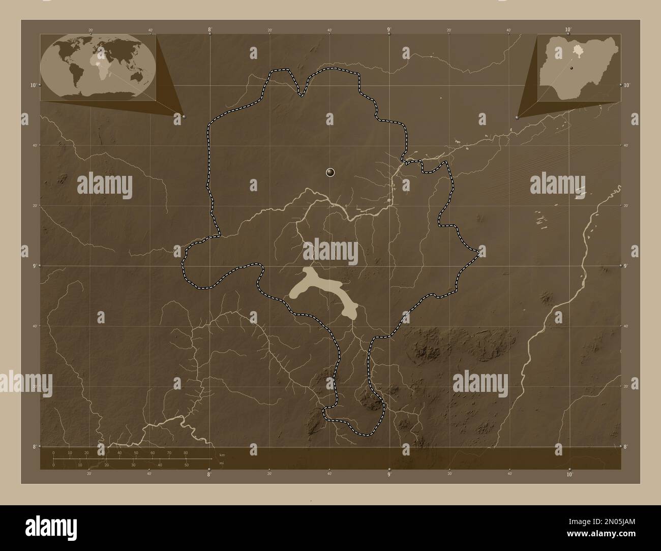 Kano, state of Nigeria. Elevation map colored in sepia tones with lakes ...