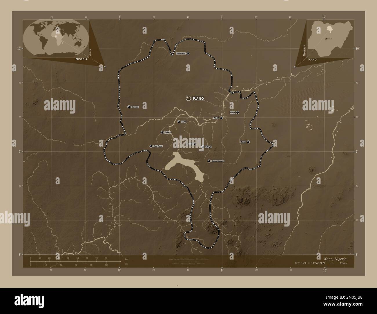 Kano, state of Nigeria. Elevation map colored in sepia tones with lakes ...