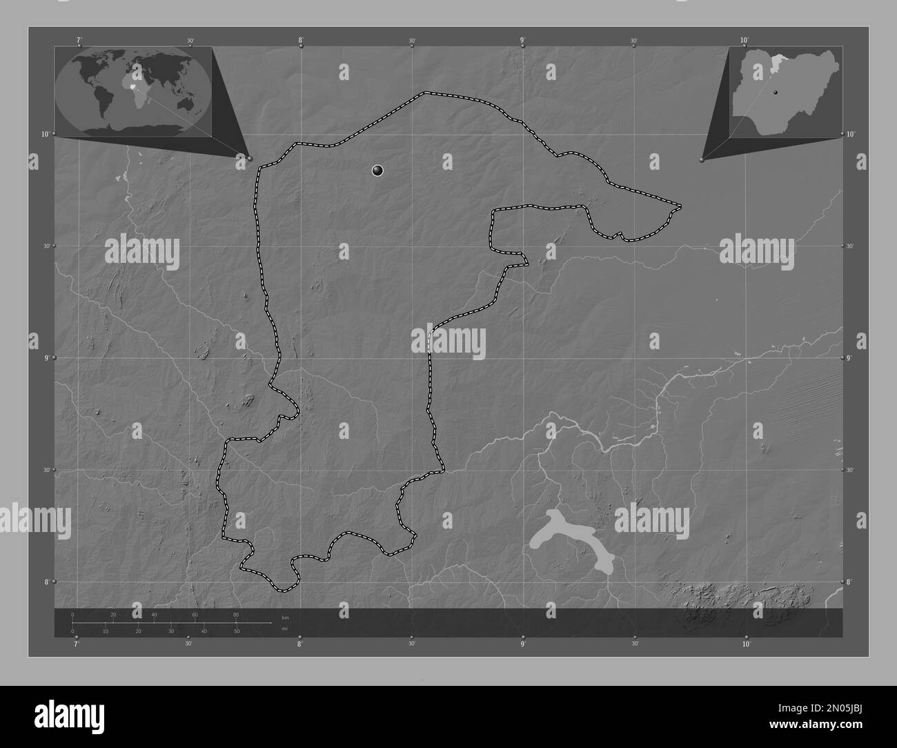 Katsina, state of Nigeria. Bilevel elevation map with lakes and rivers ...