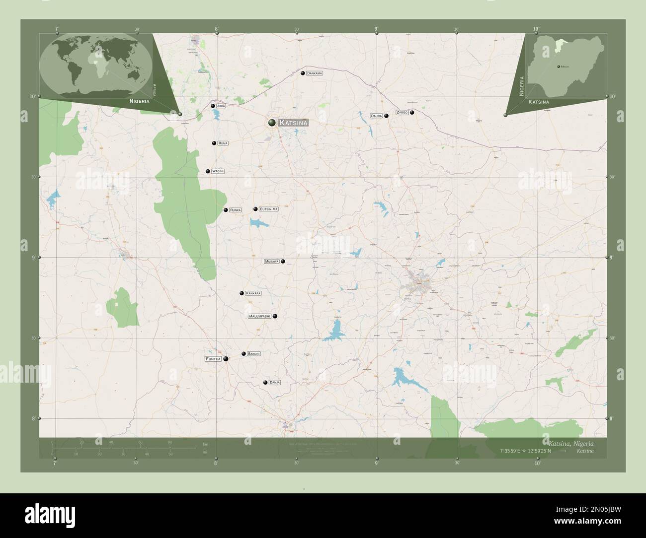 Katsina, state of Nigeria. Open Street Map. Locations and names of ...