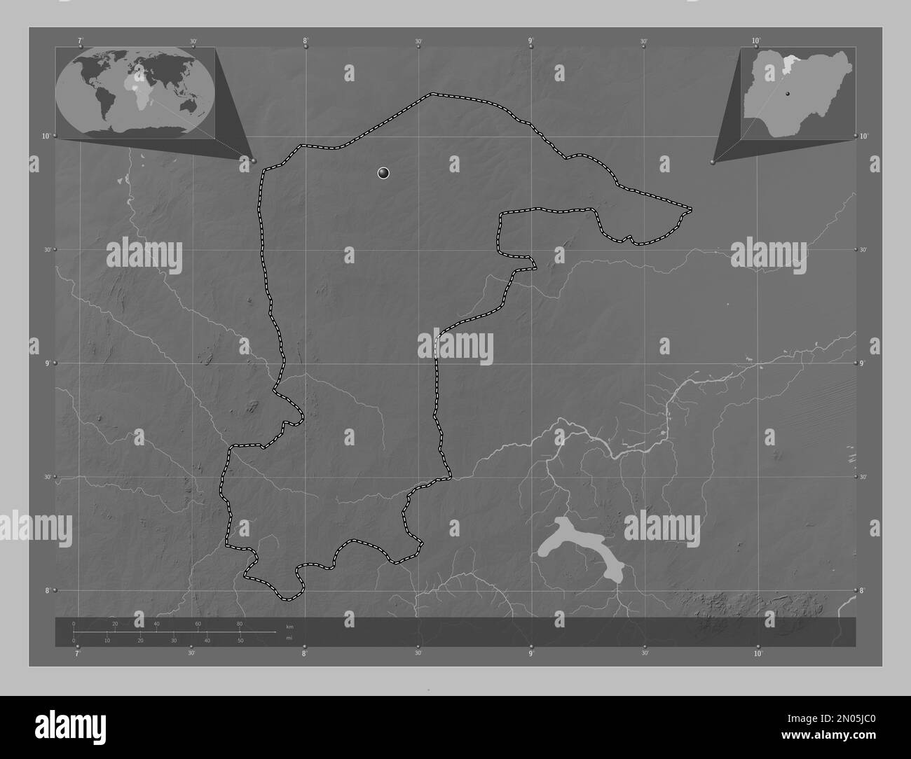 Katsina, state of Nigeria. Grayscale elevation map with lakes and ...