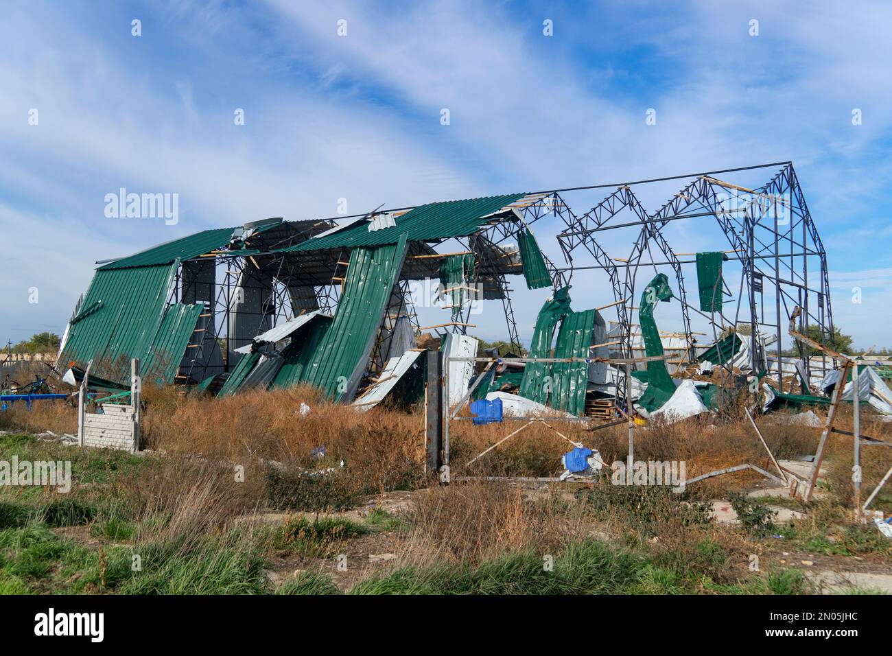 Countryside. Destroyed after the shelling of the hangar on the farm ...