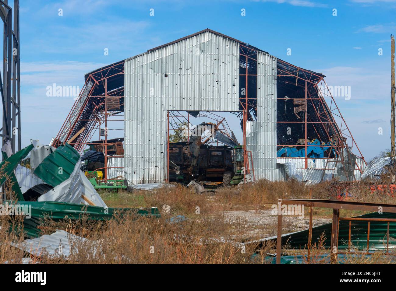 Countryside. Destroyed after the shelling of the hangar on the farm ...