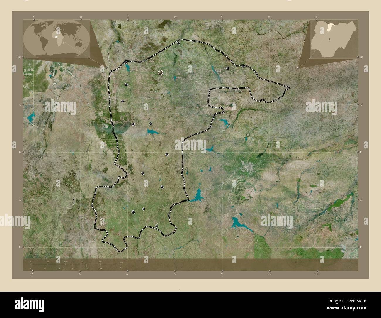 Katsina, state of Nigeria. High resolution satellite map. Locations of ...