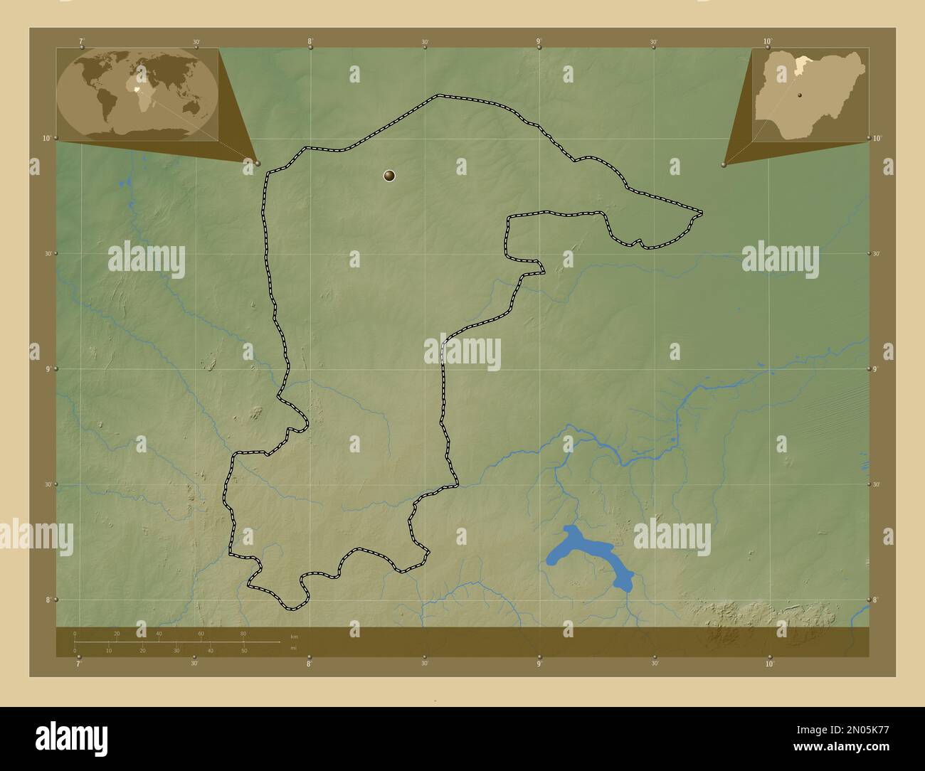 Katsina, state of Nigeria. Colored elevation map with lakes and rivers ...