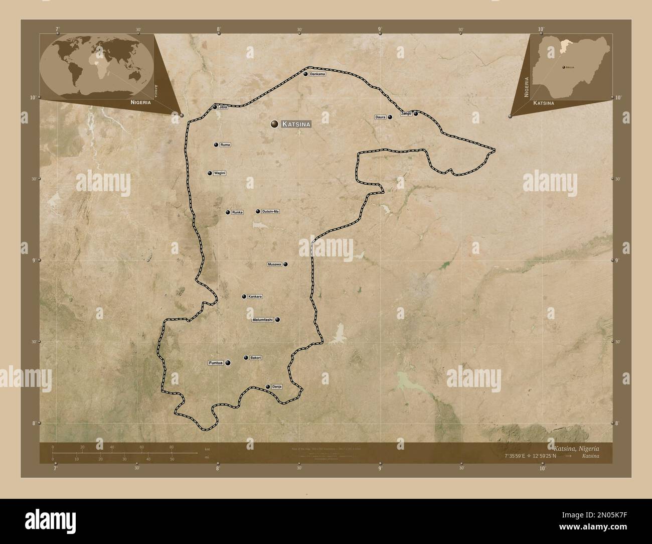 Katsina, state of Nigeria. Low resolution satellite map. Locations and ...