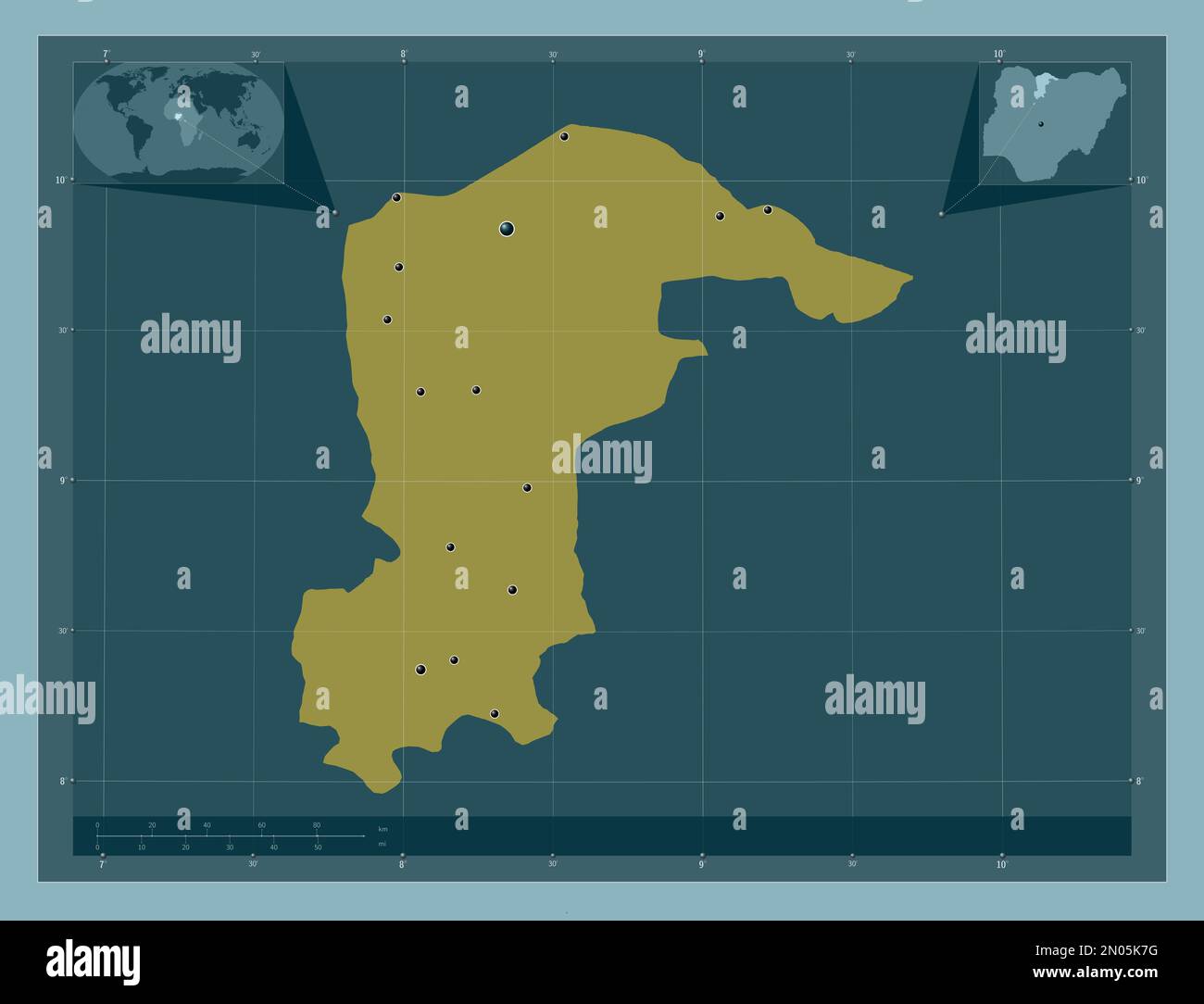 Katsina, state of Nigeria. Solid color shape. Locations of major cities ...