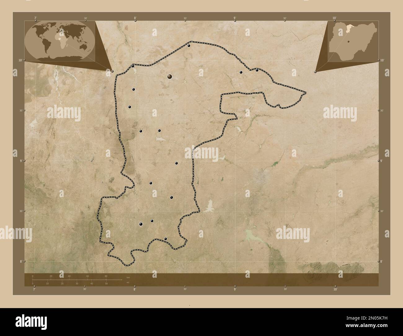 Katsina, state of Nigeria. Low resolution satellite map. Locations of ...