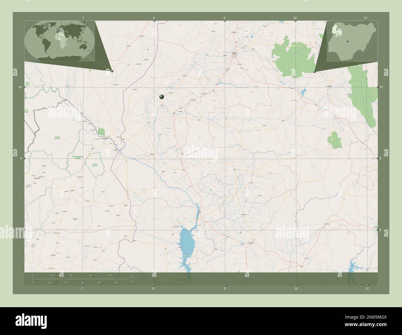 Kebbi, state of Nigeria. Open Street Map. Corner auxiliary location ...